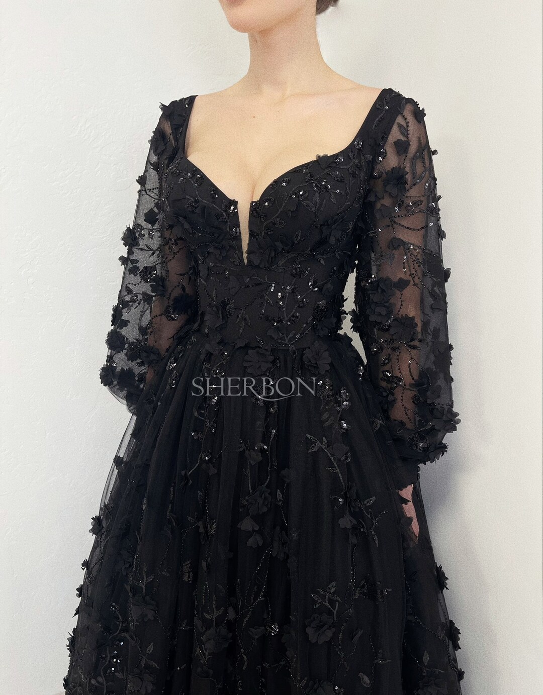 Black Gothic Sparkly Floral 3d Corset Wedding Dress With Bishop Ballon ...