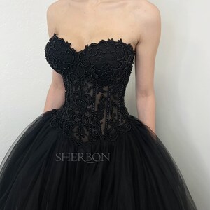 Black Beaded Sheer Drop Waist Corset Wedding Dress, Alternative Bride ...