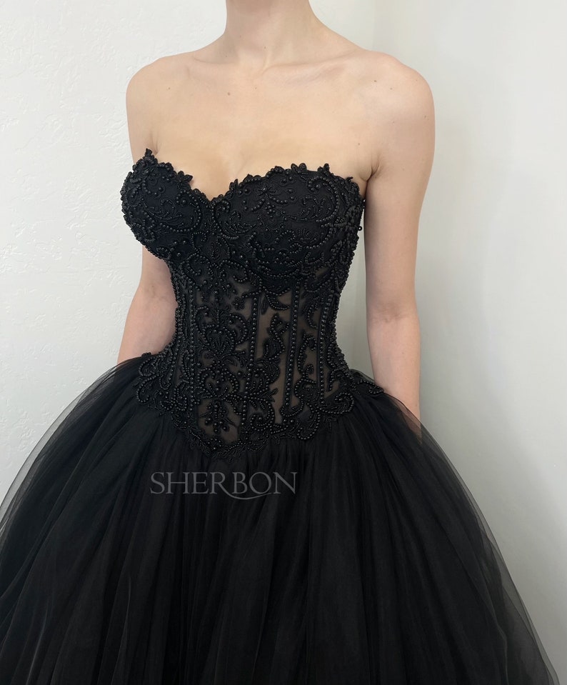 Black Beaded Sheer Drop Waist Corset Wedding Dress, Alternative Bride ...