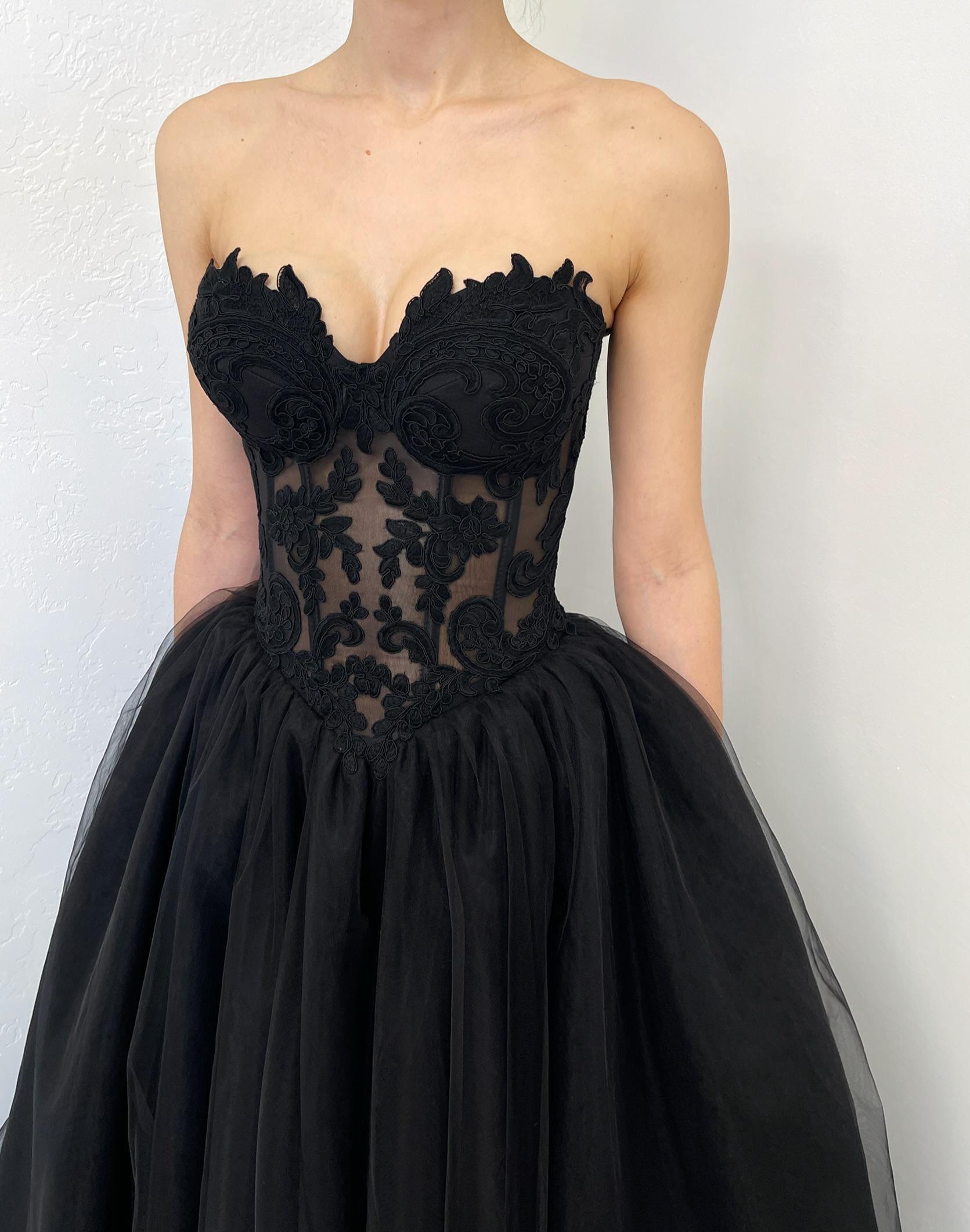 Black Gothic Sheer Basque Waist Corset Tulle Wedding Dress ...