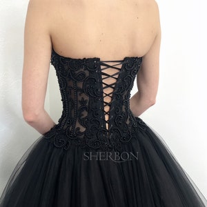 Black Beaded Sheer Drop Waist Corset Wedding Dress, Alternative Bride ...
