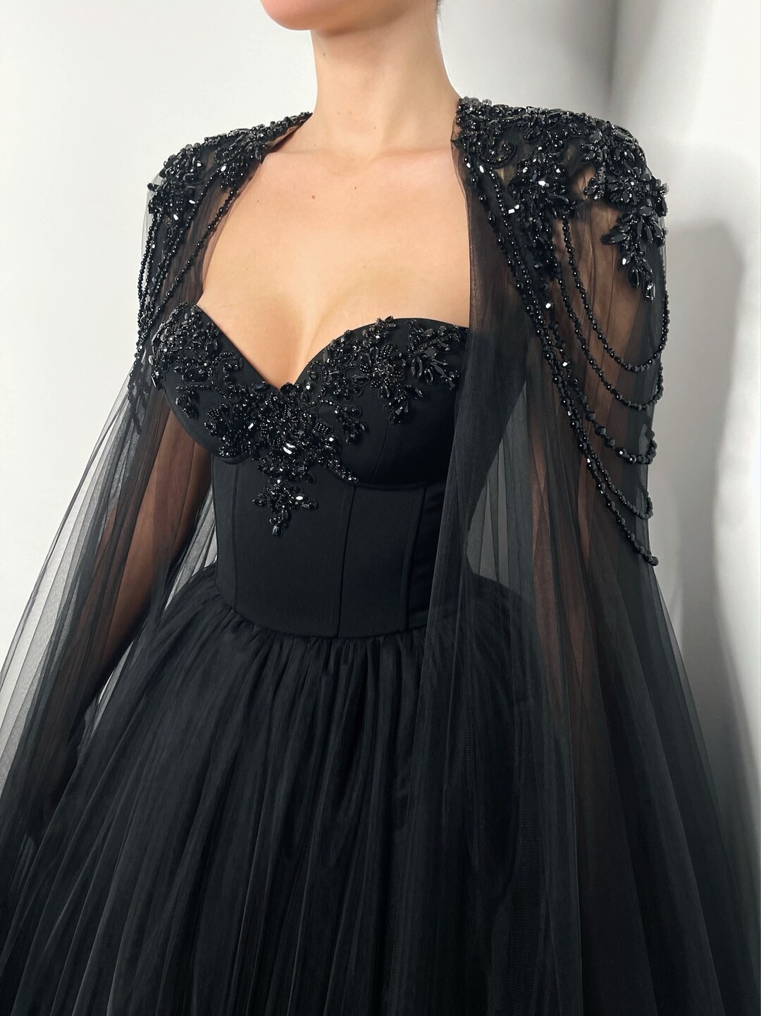 Black Gothic Crystal Beaded Corset Wedding Tulle Dress Elegant Beaded