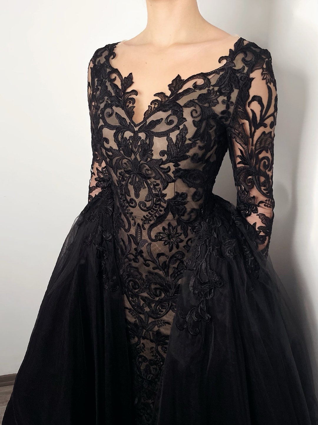 Gothic Black and Beige A Line Lace Dress With a Detachable Tulle Skirt ...