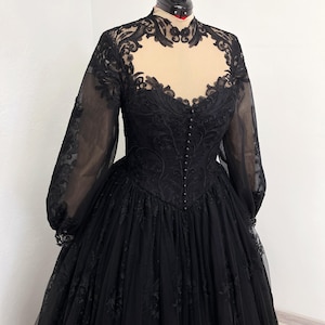 Black Basque Waist Gothic Wedding Dress, Vintage Style Lace Dress ...