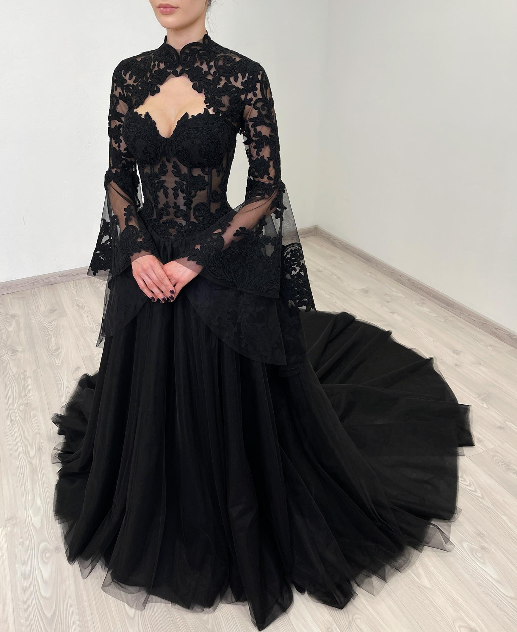 Black Gothic Sheer Basque Waist Corset Tulle Wedding Dress With Keyhole ...