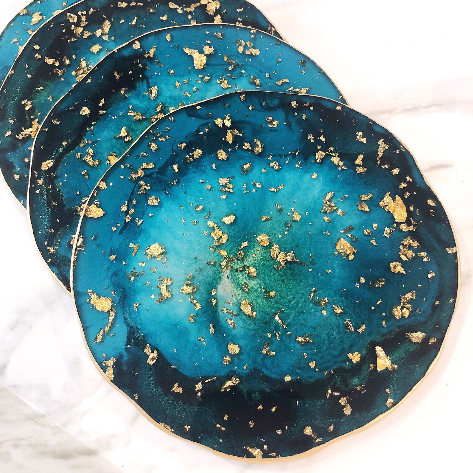 Dark Teal & Gold Leaf Handmade Resin Coasters Modern Style - Etsy