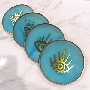 Evil Eye Coaster Set Turquoise 5 Decal Resin Coasters, Modern Tableware ...