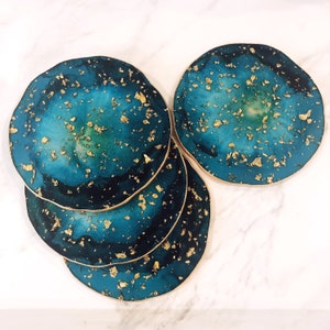 Dark Teal & Gold Leaf Handmade Resin Coasters, Modern Style Drink ...