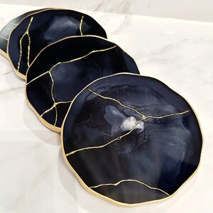 Black and Gold Vein Marble Resin Coasters, Modern Whiskey Drink ...