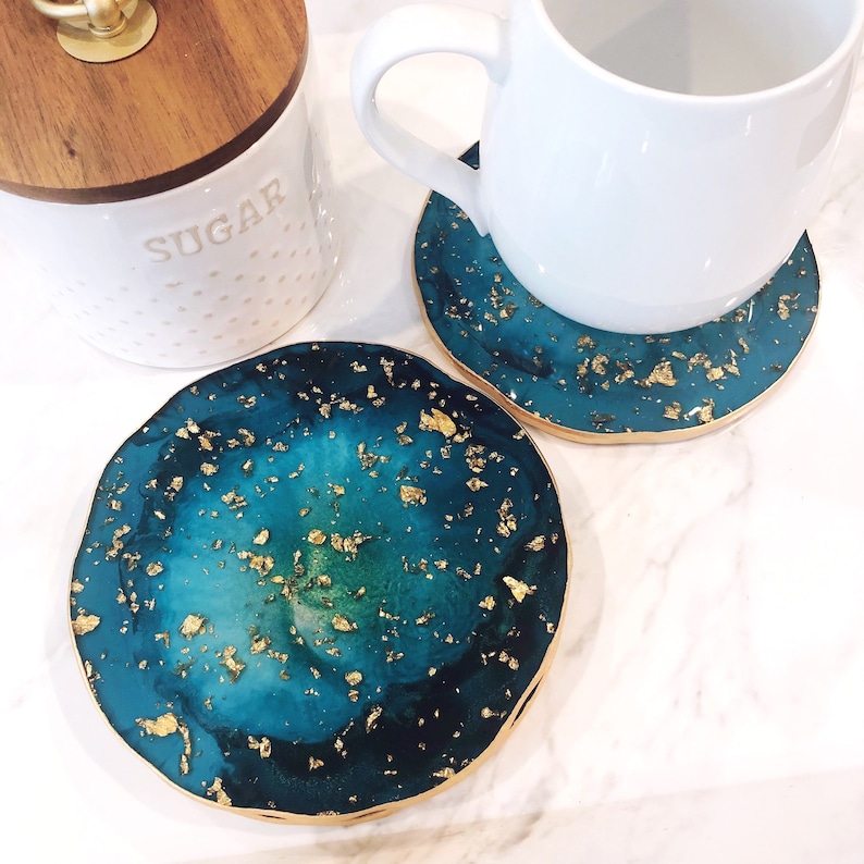 Dark Teal & Gold Leaf Handmade Resin Coasters Modern Style - Etsy