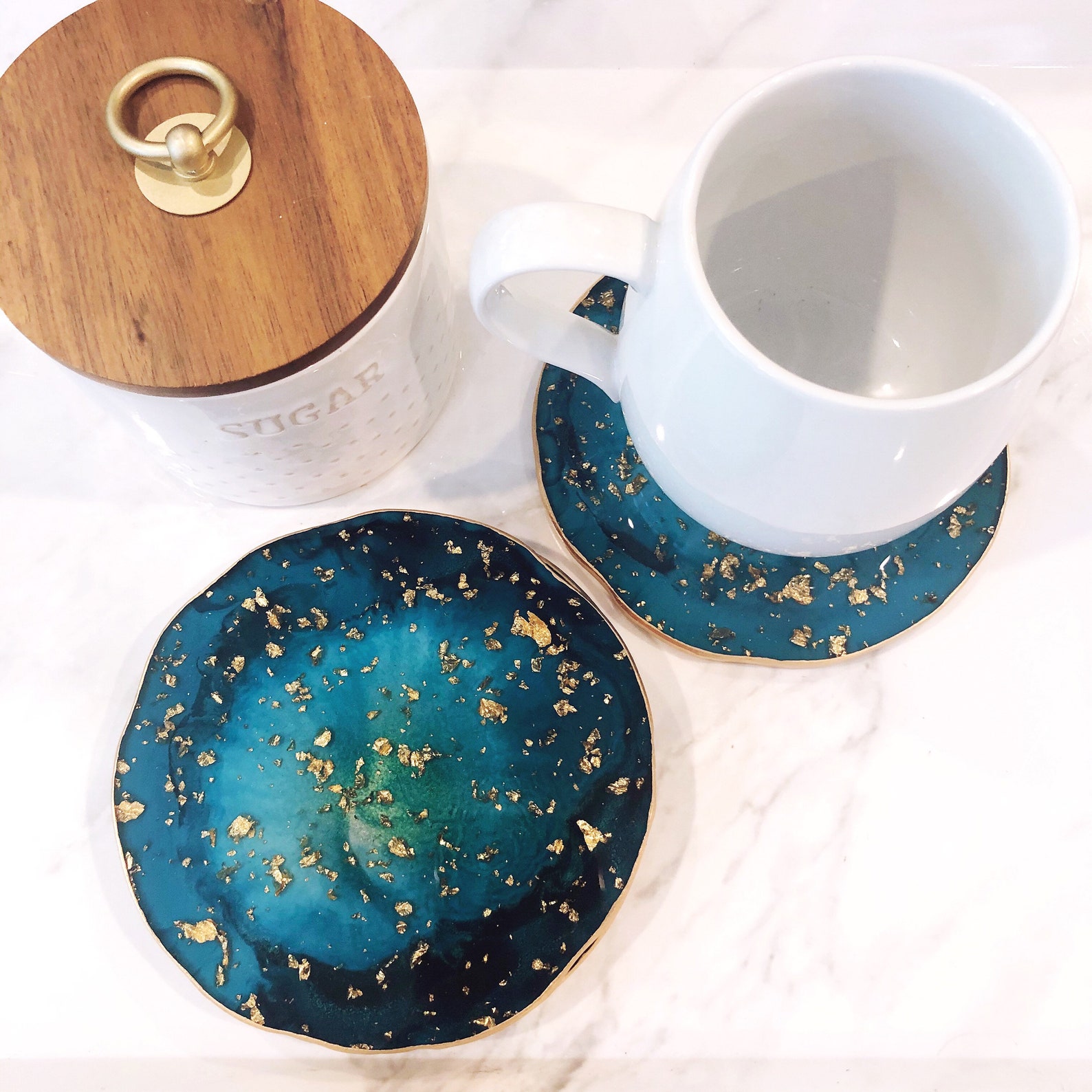 Dark Teal & Gold Leaf Handmade Resin Coasters Modern Style - Etsy