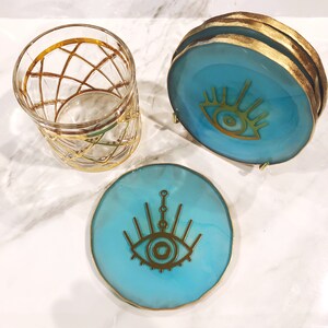 Evil Eye Coaster Set Turquoise 5 Decal Resin Coasters, Modern Tableware ...