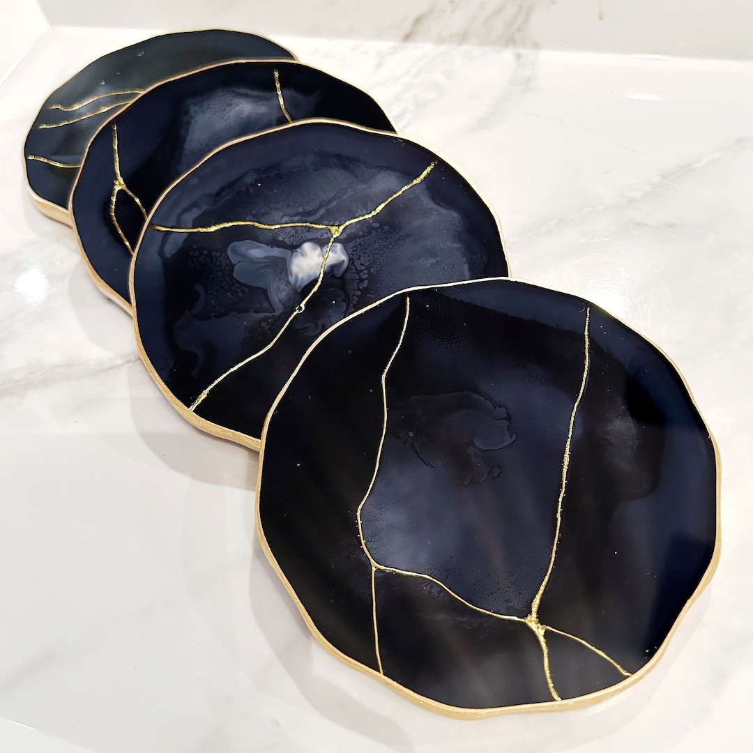 Black and Gold Vein Marble Resin Coasters, Modern Whiskey Drink ...