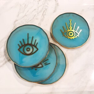 Evil Eye Coaster Set Turquoise 5 Decal Resin Coasters, Modern Tableware ...