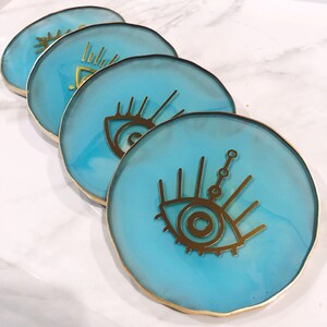 Evil Eye Coaster Set Turquoise 5 Decal Resin Coasters, Modern Tableware ...