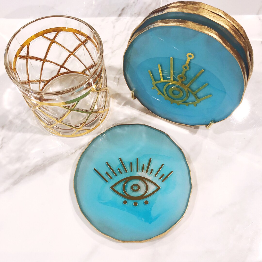 Evil Eye Coaster Set Turquoise 5 Decal Resin Coasters, Modern Tableware ...