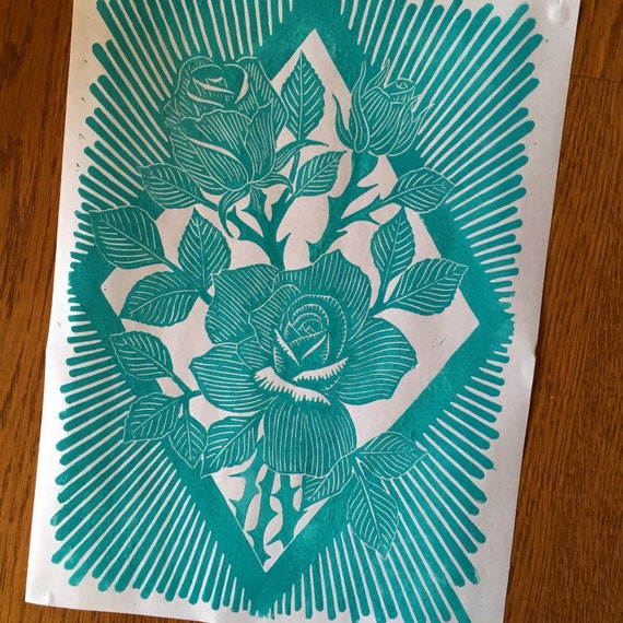 Items similar to Turquoise roses linocut on Etsy