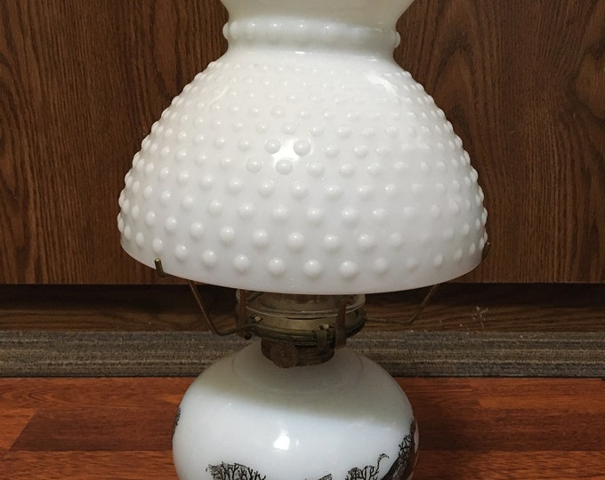 Vintage White Milk Hob Nob Oil Lamp With Farmhouse Etching, 1950's ...
