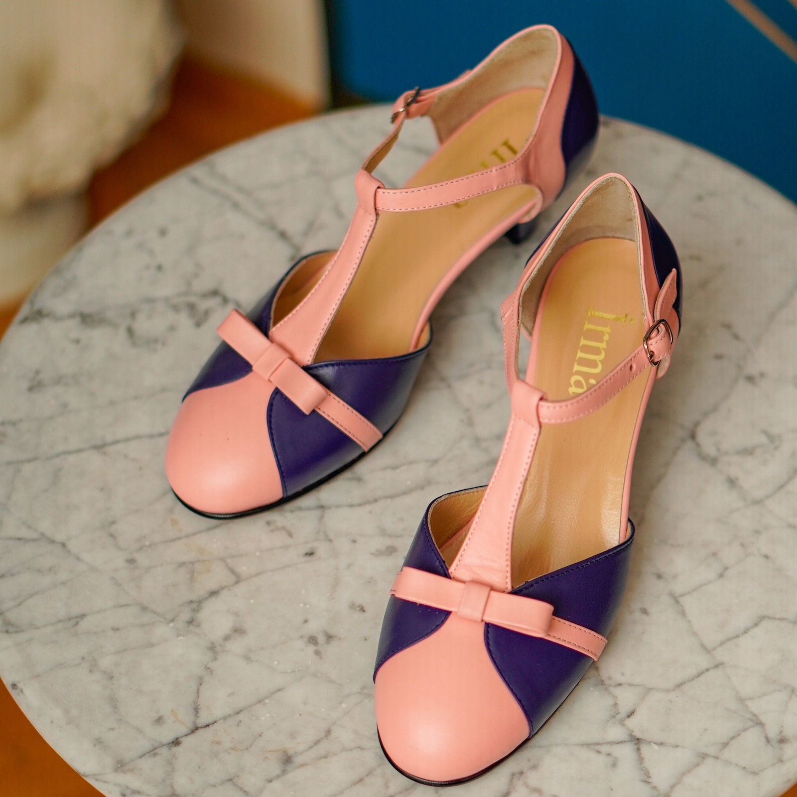 Vintage Inspired, Genuine Leather Pink Blue Shoes, Retro Women Shoes ...