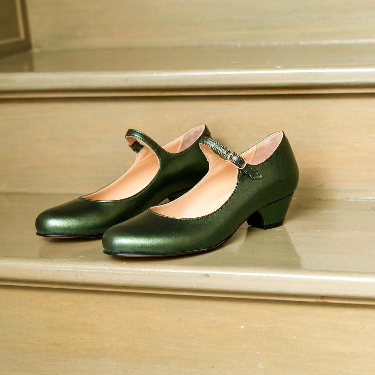 Vintage Inspired Shoes, Genuine Leather, Retro Women Shoes, Green Shoes ...