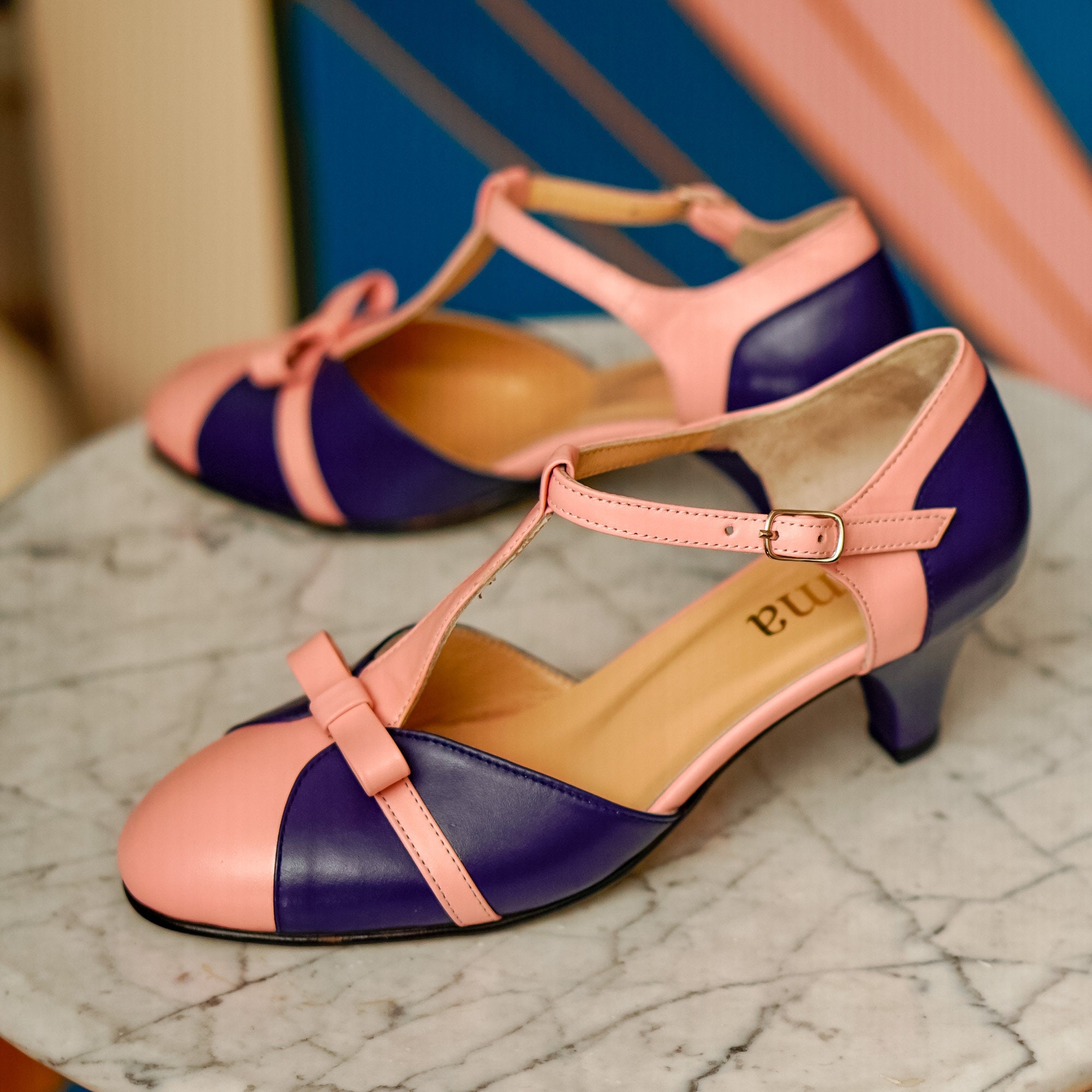 Vintage Inspired, Genuine Leather Pink Blue Shoes, Retro Women Shoes ...