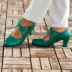 Vintage Style Women’s Shoes, Green Swing Dancing Shoes, Vintage ...