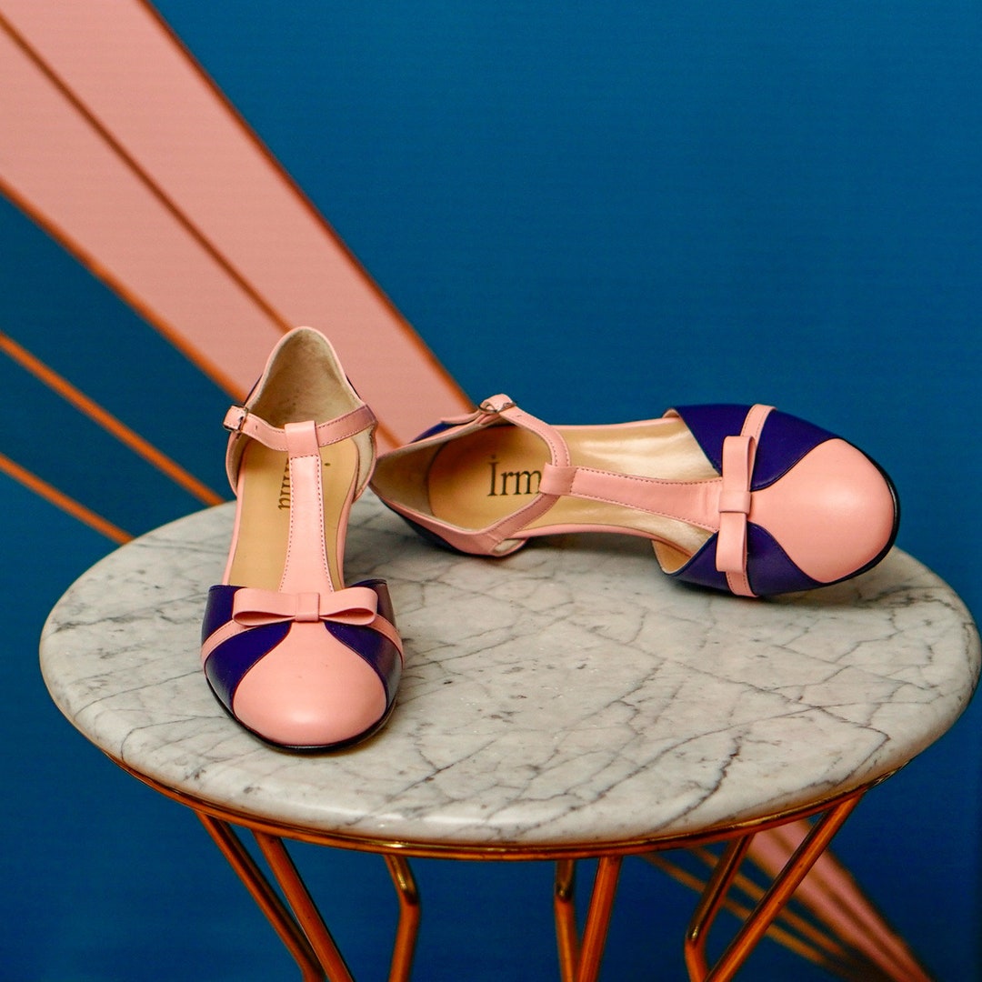 Vintage Inspired, Genuine Leather Pink Blue Shoes, Retro Women Shoes ...