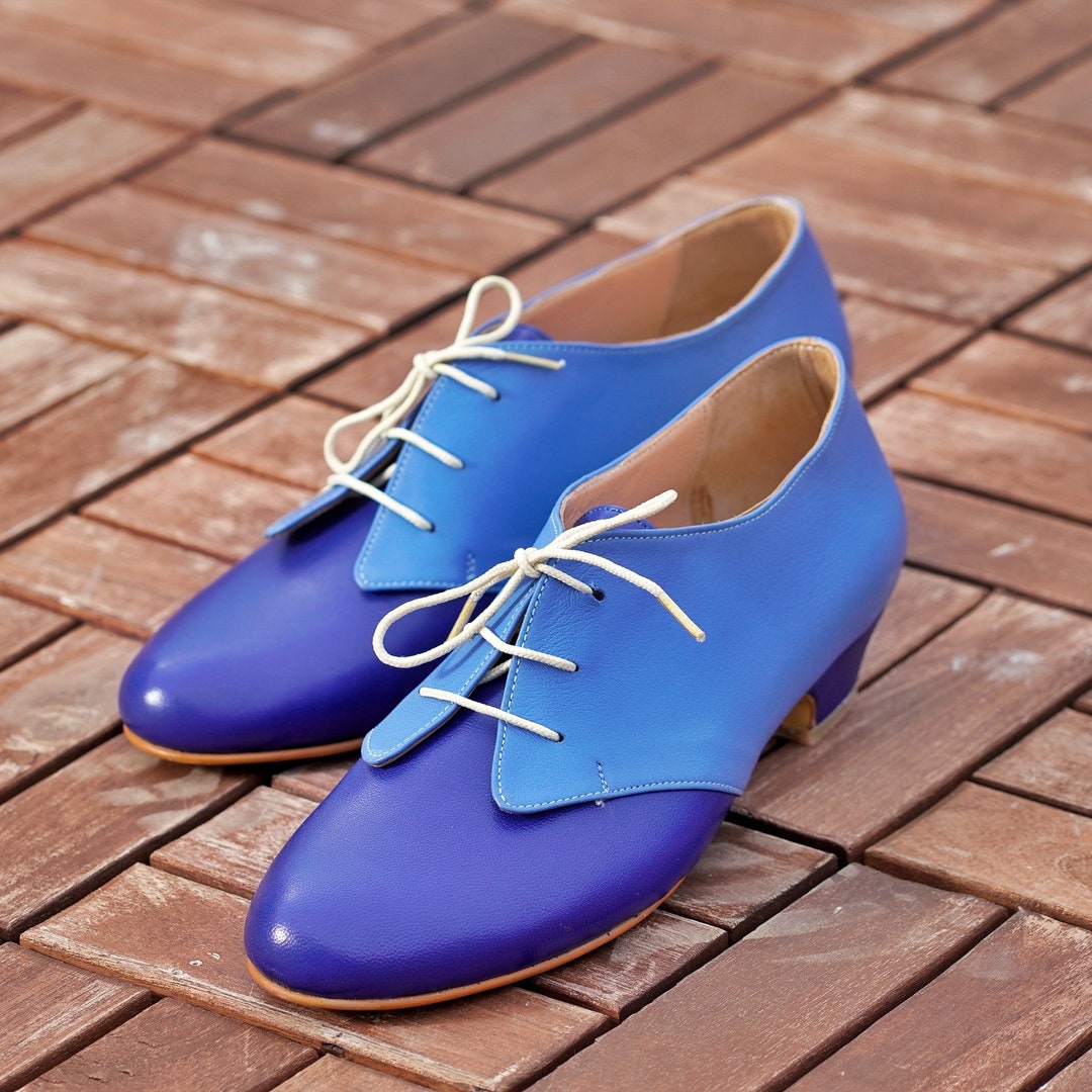 Vintage Inspired, Genuine Leather, Retro Women Shoes, Blue Shoes, Mod ...
