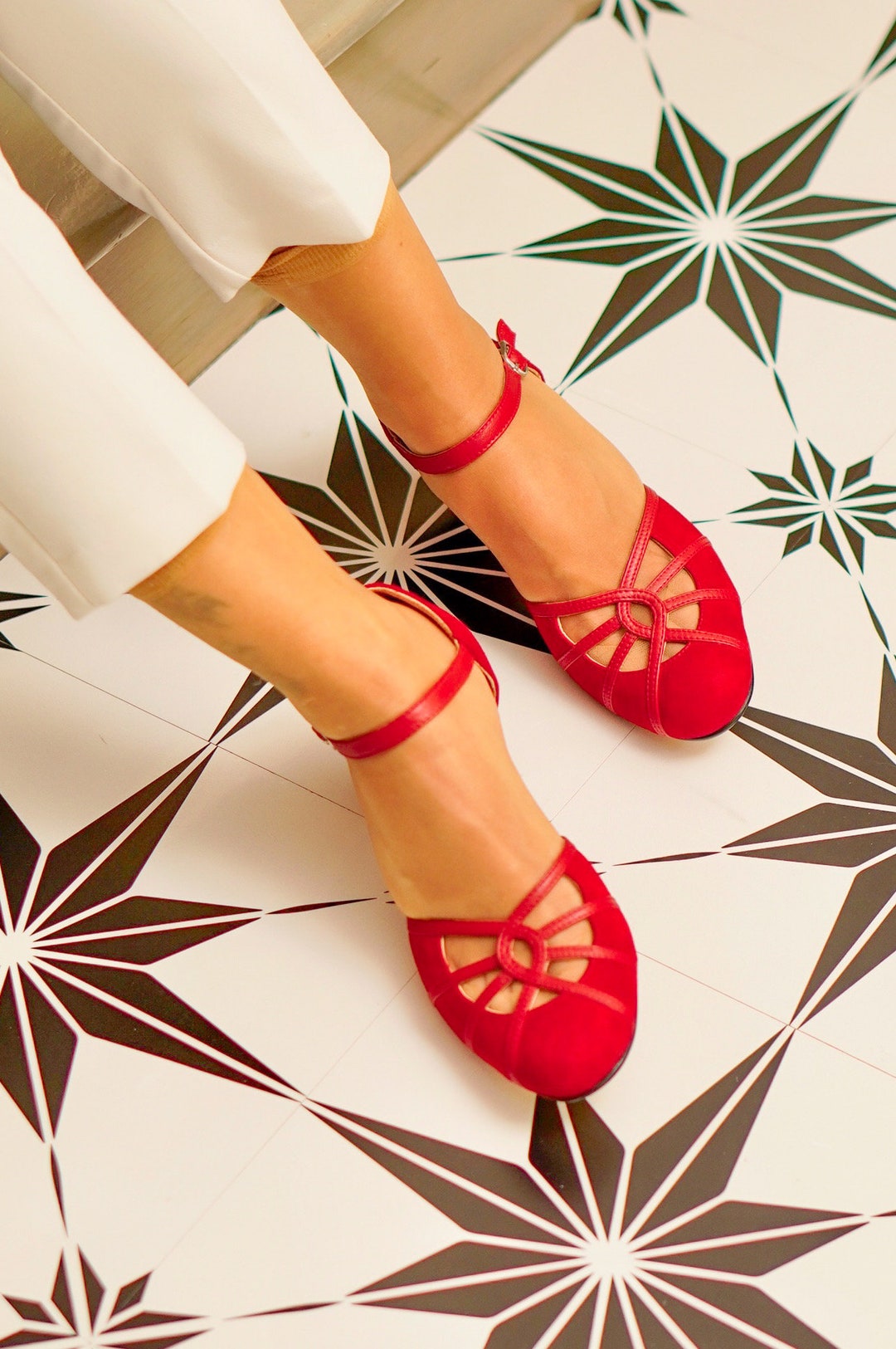 Vintage Inspired, Genuine Leather, Handmade Retro Women Shoes, Red ...