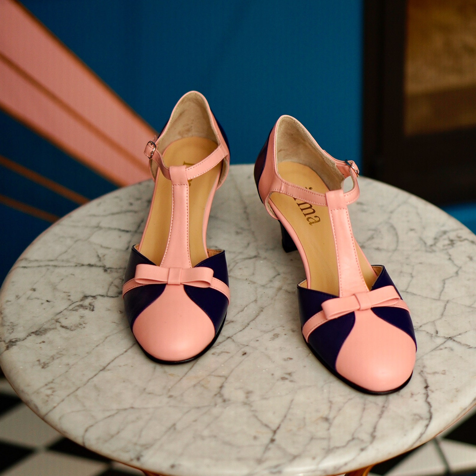 Vintage Inspired, Genuine Leather Pink Blue Shoes, Retro Women Shoes ...