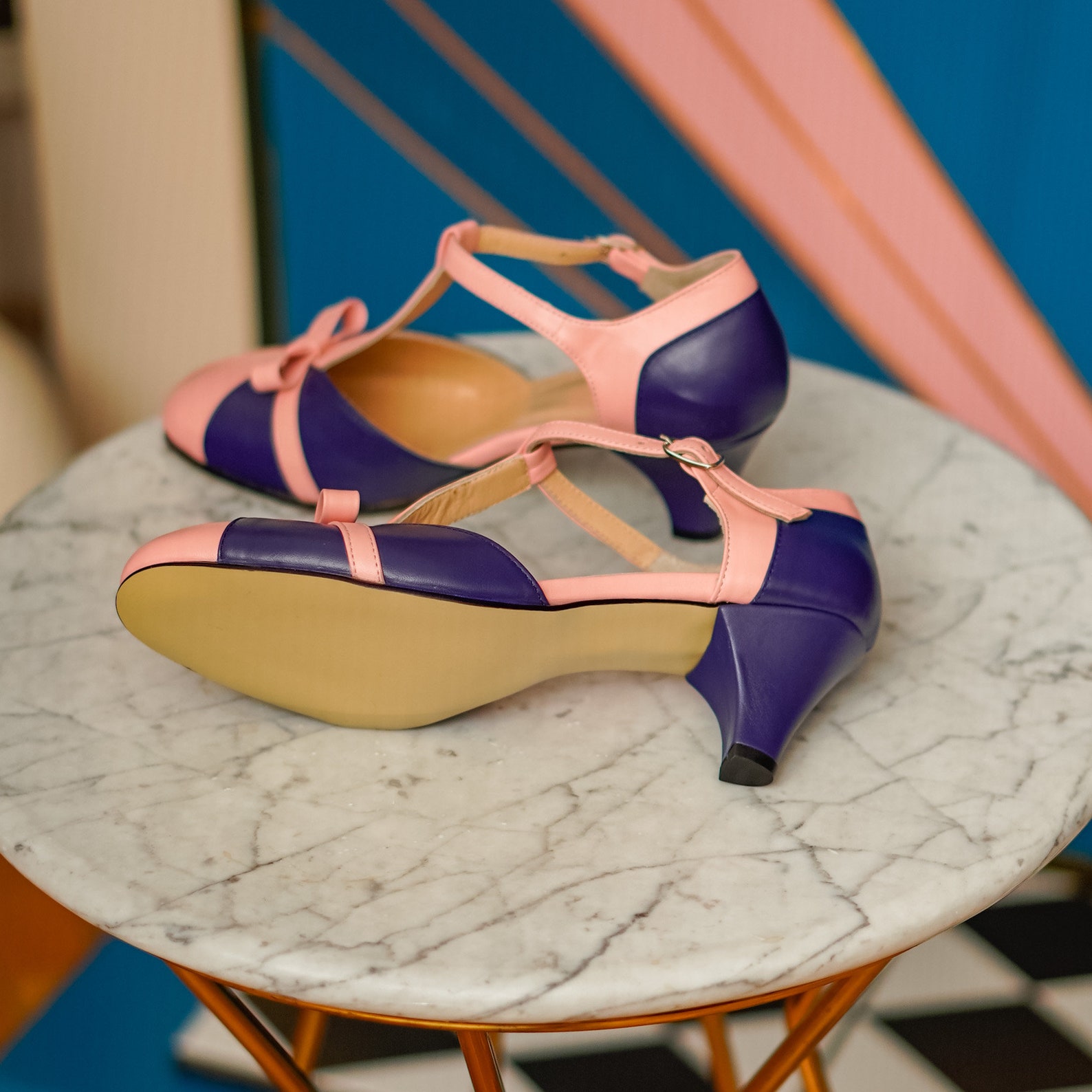 Vintage Inspired, Genuine Leather Pink Blue Shoes, Retro Women Shoes ...