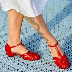 Vintage Inspired, Genuine Leather, Retro Women Shoes, Red Shoes, Mod ...