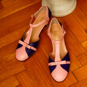 Vintage Inspired, Genuine Leather Pink Blue Shoes, Retro Women Shoes ...