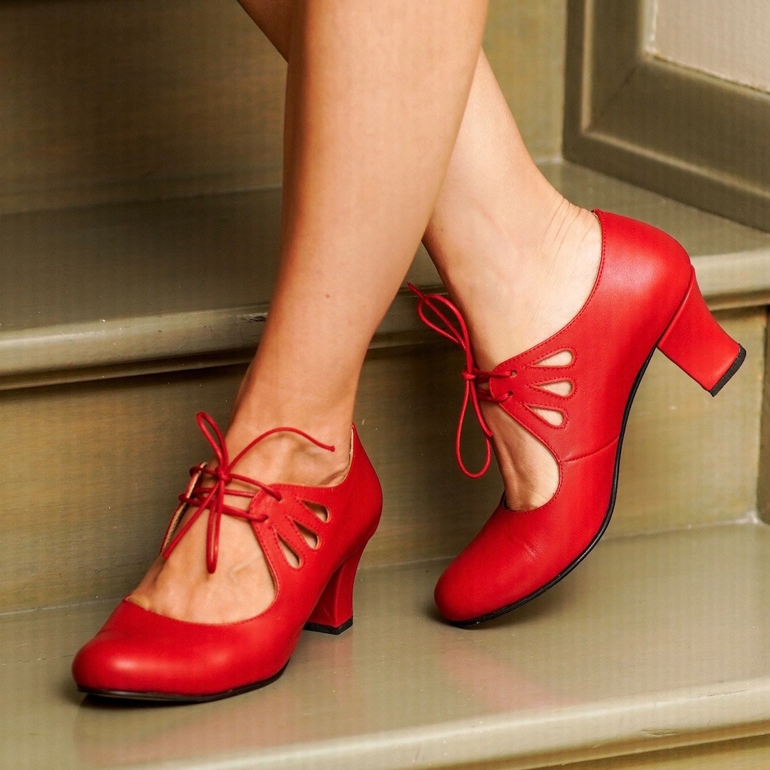Vintage Inspired, Genuine Leather, Handmade Retro Women Shoes, Red ...