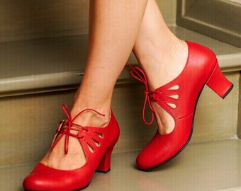 Vintage Inspired, Genuine Leather, Handmade Retro Women Shoes, Red ...