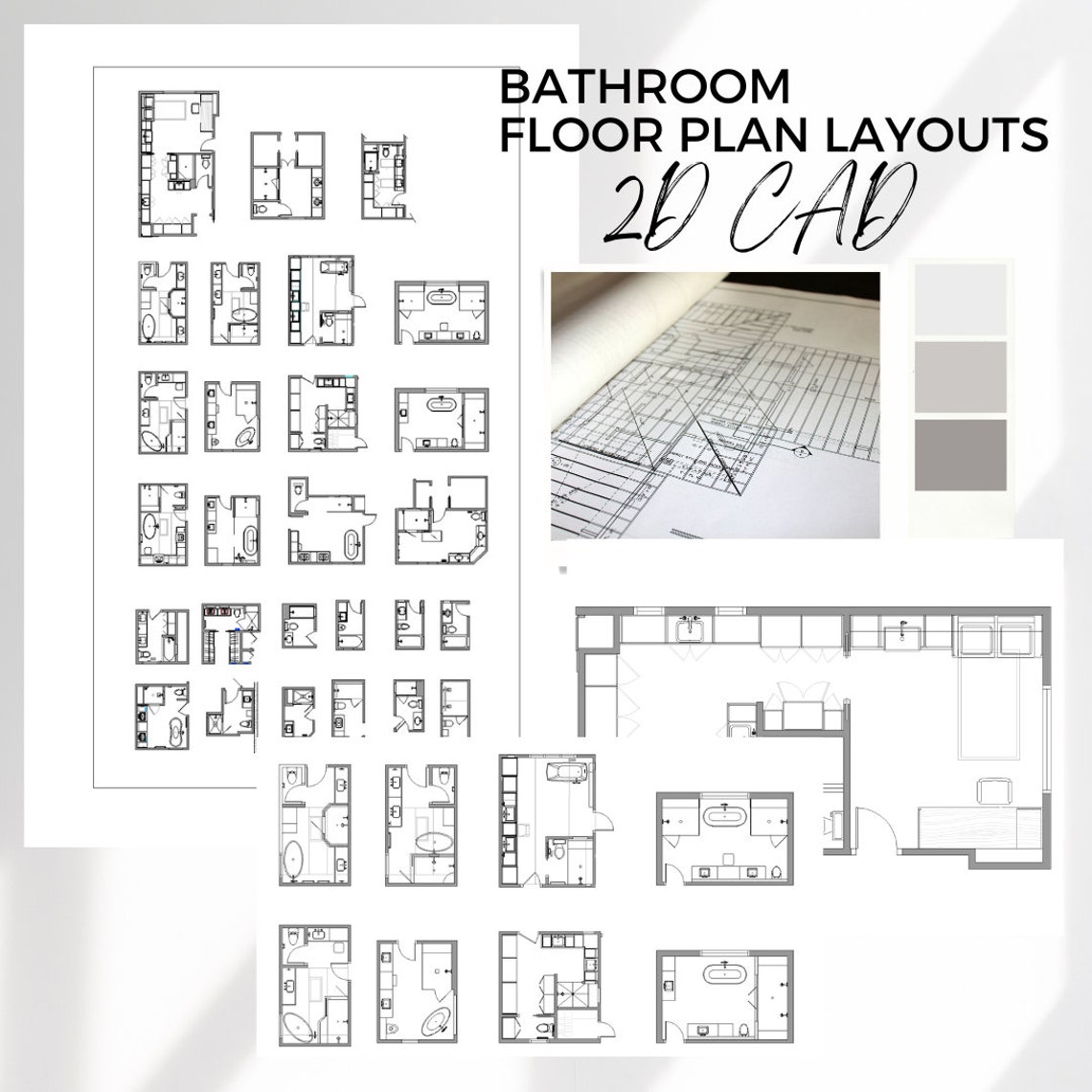 DWG Autocad 2D Bathroom Floor Plan Layouts, Full Bathroom, Hall ...
