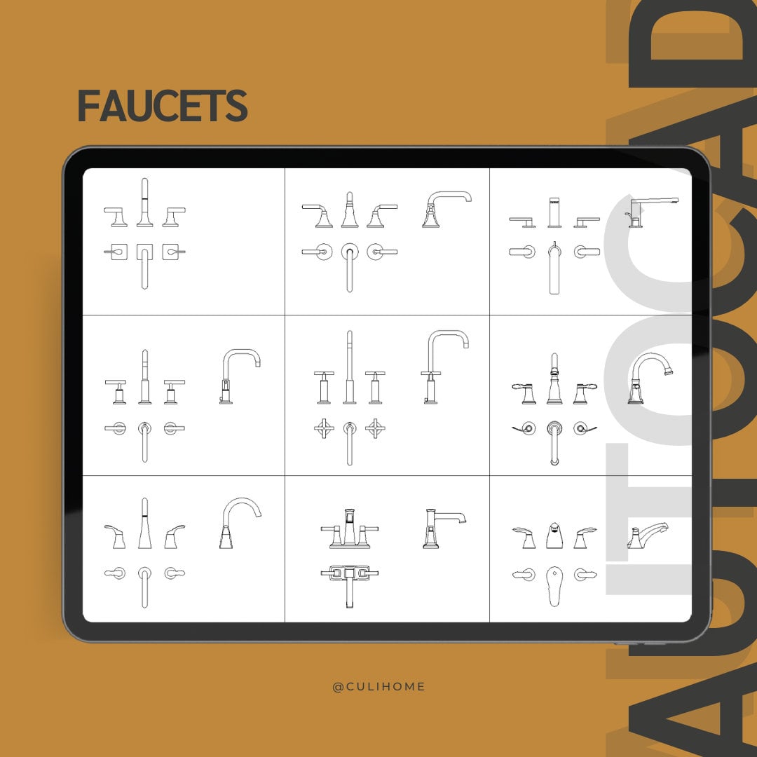 DWG Autocad 2D Bathroom Vanity Faucets Front View Side View Side View ...