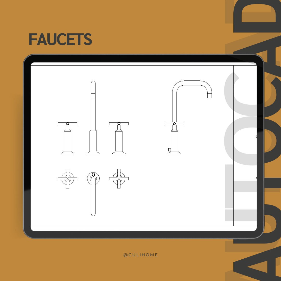 DWG Autocad 2D Bathroom Vanity Faucets Front View Side View Side View ...