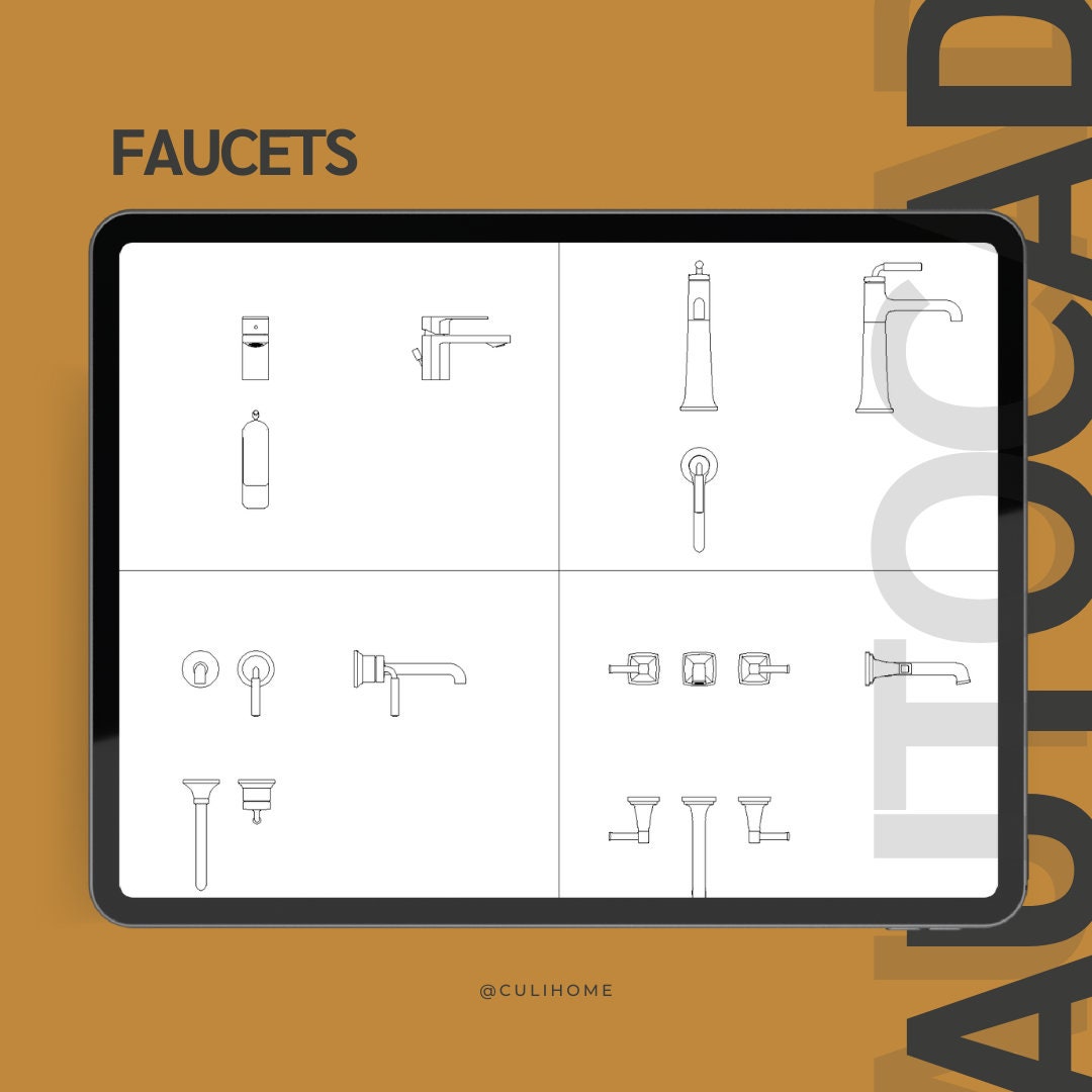 DWG Autocad 2D Bathroom Vanity Faucets Front View Side View Side View ...
