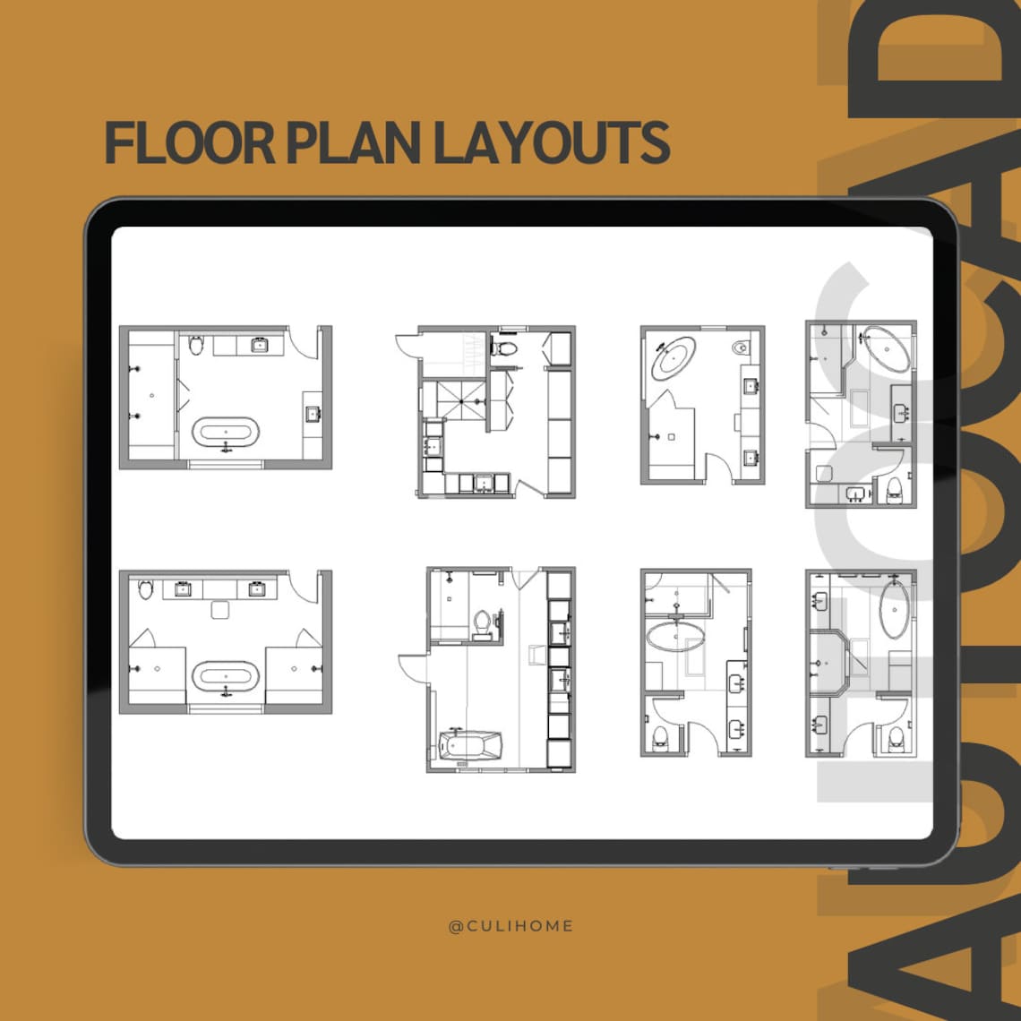 DWG Autocad 2D Bathroom Floor Plan Layouts, Full Bathroom, Hall ...