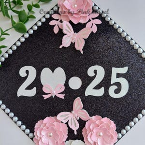 Pink Floral Graduation Cap Cover Decorated With Butterflies for Class ...