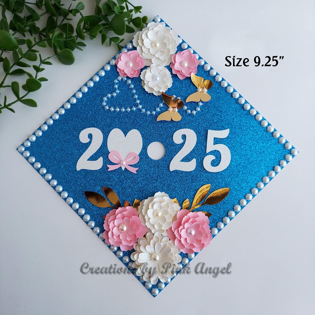 Blue Graduation Cap Topper With Flowers and Pearls, Coquette Graduation ...
