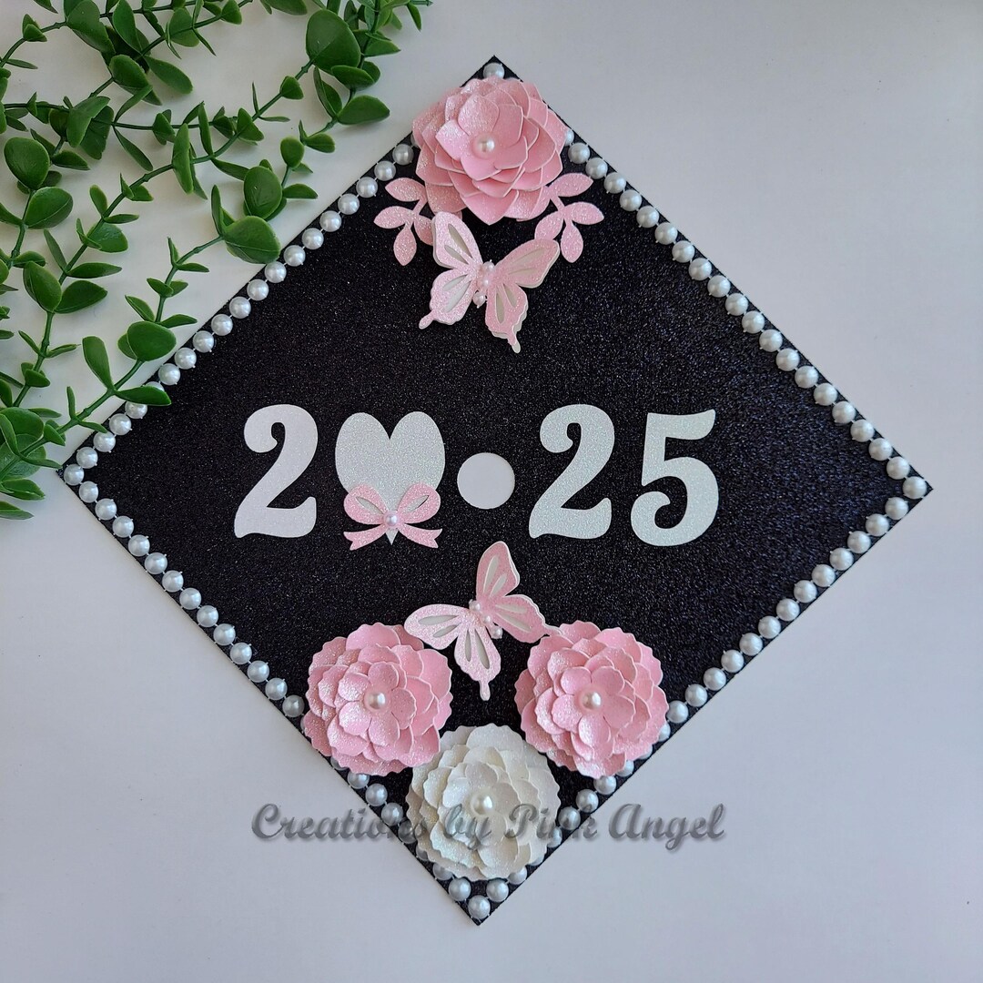 Pink Floral Graduation Cap Cover Decorated With Butterflies for Class ...