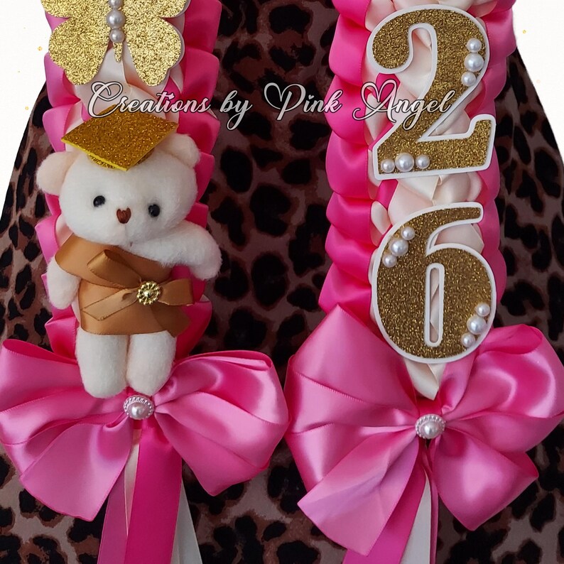 Graduation Lei 2026, Double Braided Ribbon Lei With Bear Pearl Bows and ...