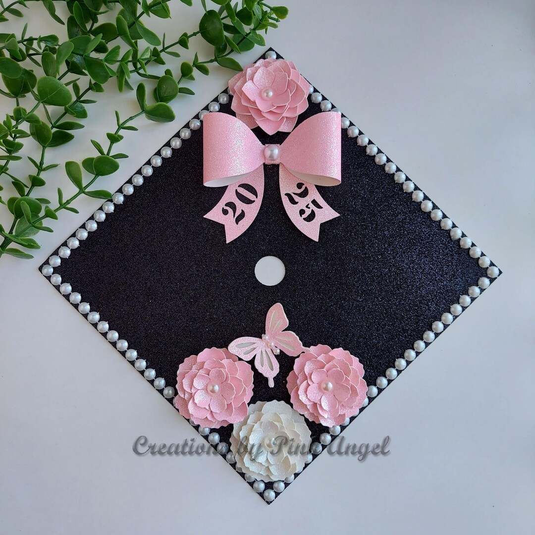 Pink Bow Graduation Cap Cover Decorated With Flowers and Pearls ...