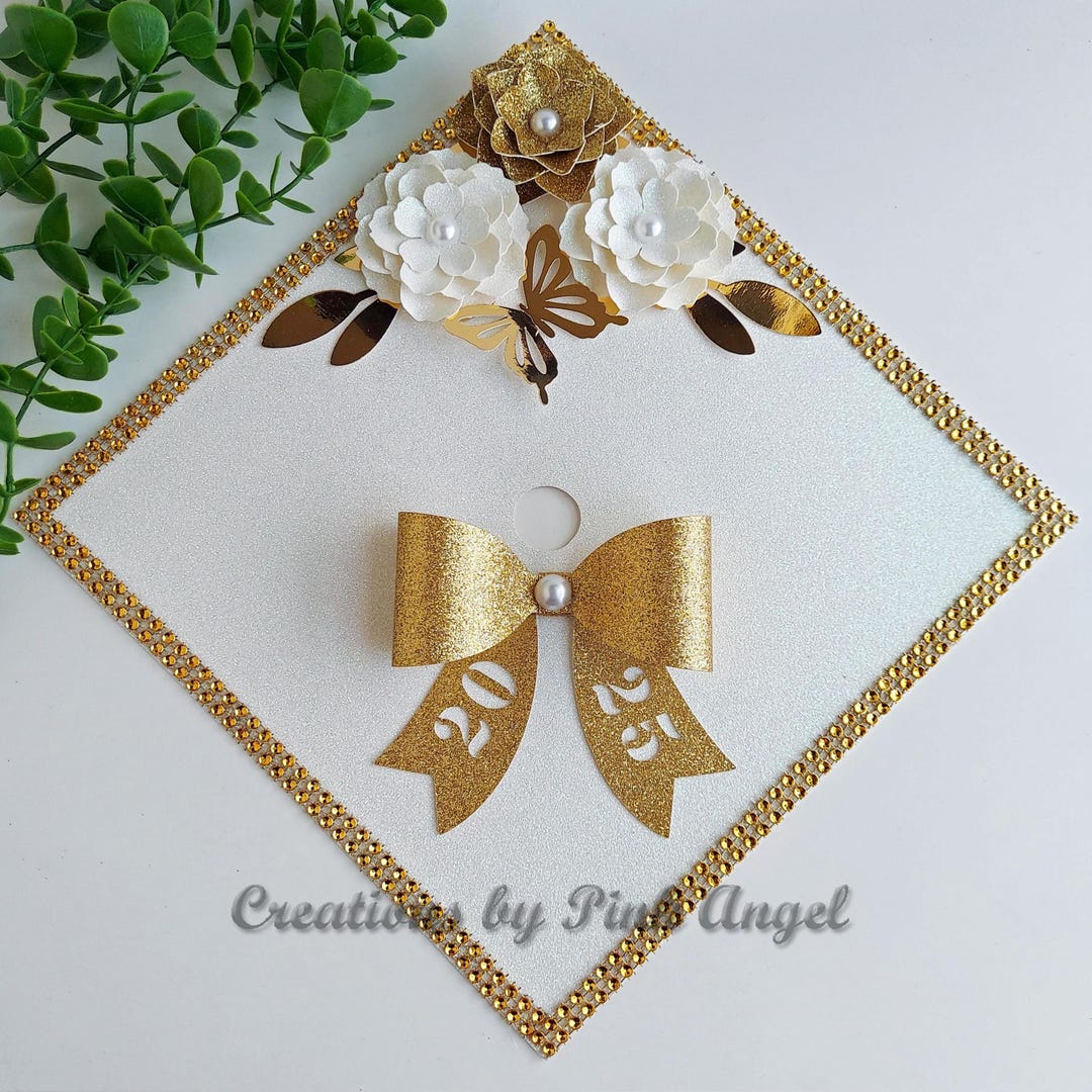 Gold and White Graduation Cap Topper With Bow and Flowers, Class of ...
