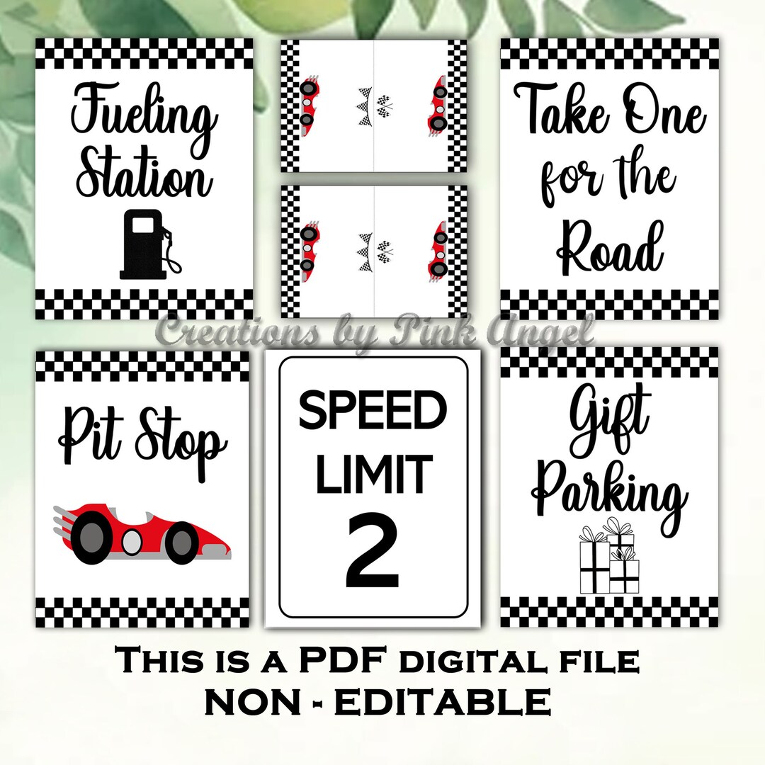 Two Fast Race Car Speed Limit Sign With Place Cards for Food Tents PDF ...