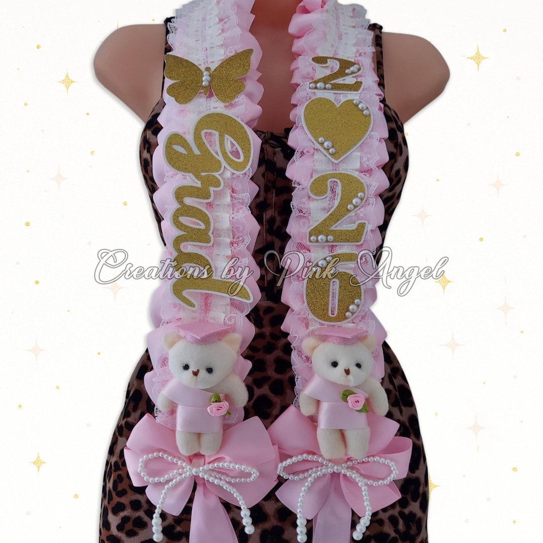 Graduation Lei 2026 With Pink Bows, Teddy Bears, Open Ended Ribbon Lei ...