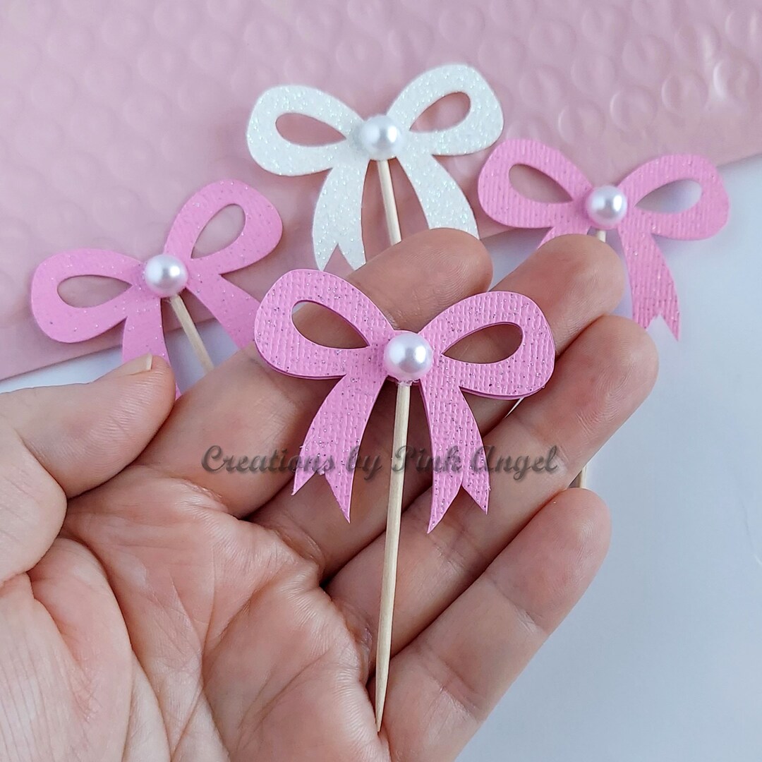Pink Bow Cupcake Toppers for Bridal Shower She's Tying the Knot, Baby ...