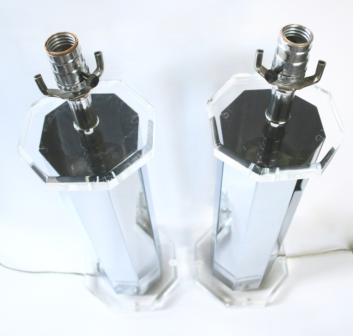 Vintage Chrome and Lucite Three-way Lamps, a Pair 1970s Chic Mirrored ...